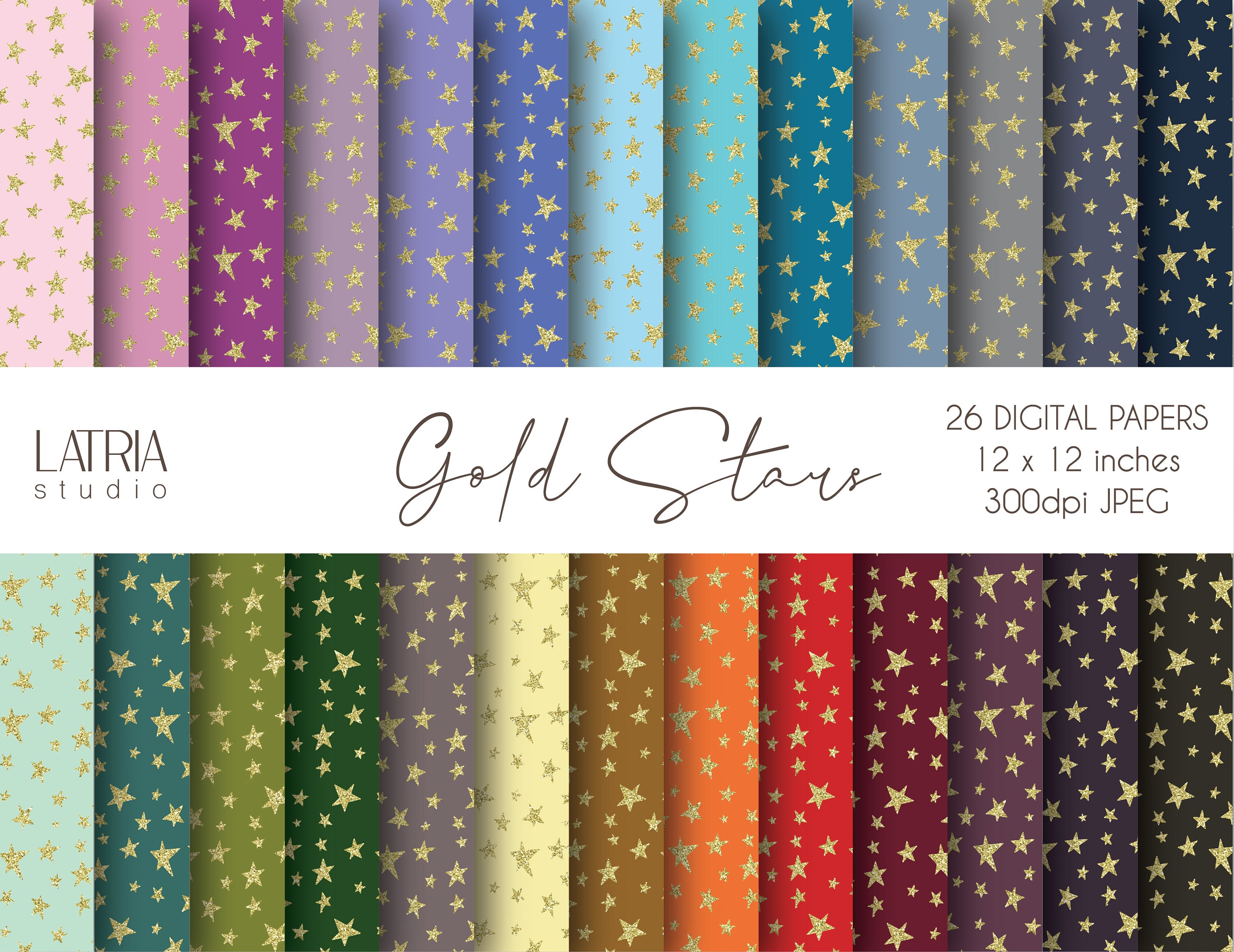 Gold Glitter Stars Digital Paper, Gold Stars Glitter, Stars Pattern ...