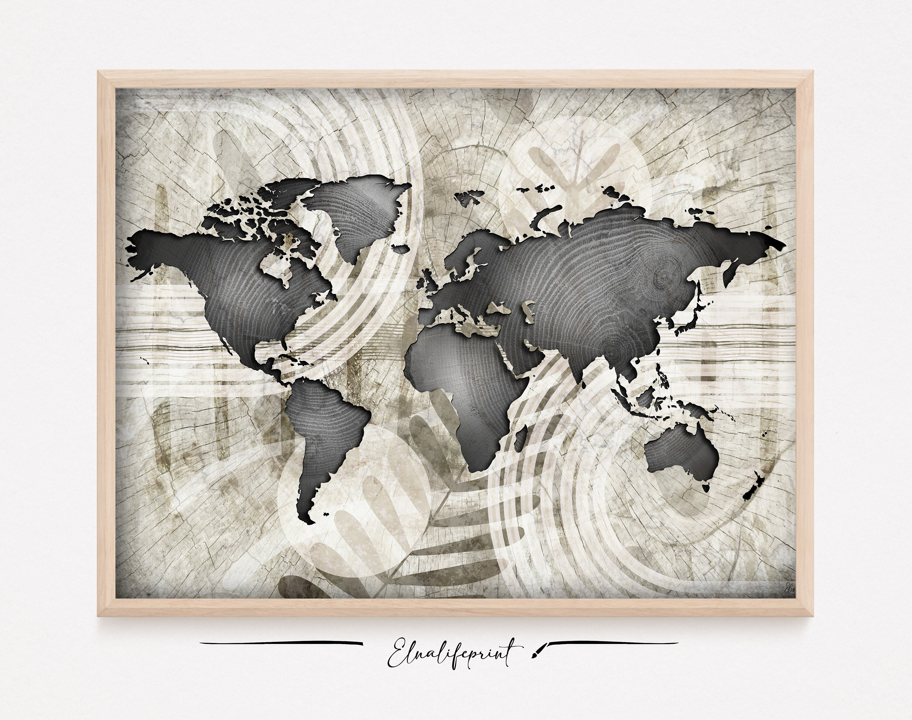 Printable Poster of the World Map in Wood Color, Map Wood Background ...