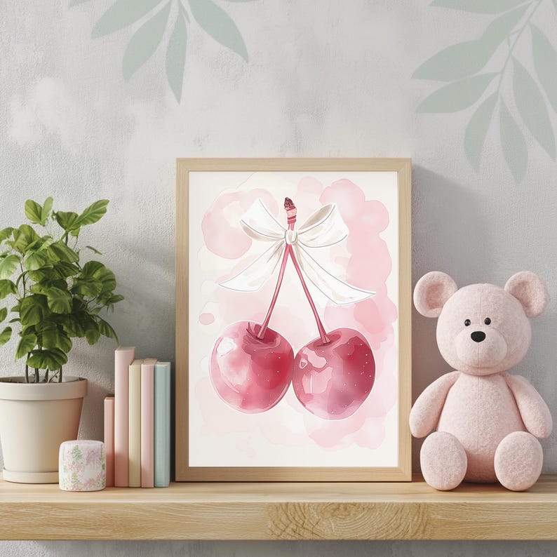 Pink Cherry Coquette Wall Art, Cherry Print,preppy Room Decor,pink ...