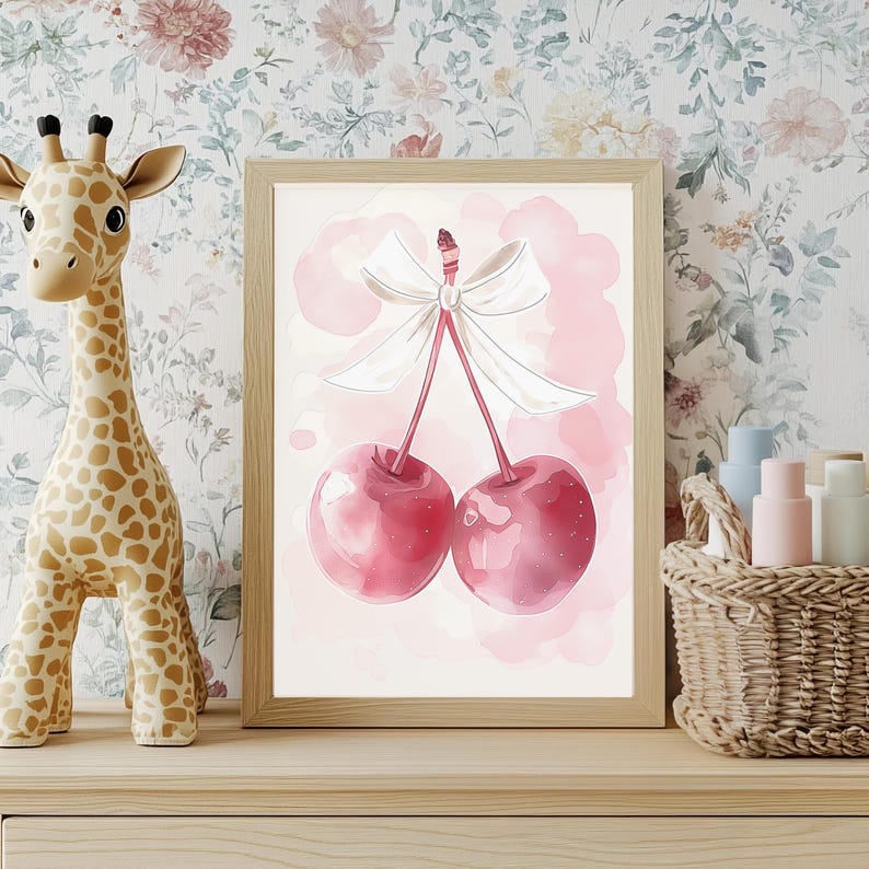 Pink Cherry Coquette Wall Art, Cherry Print,preppy Room Decor,pink ...
