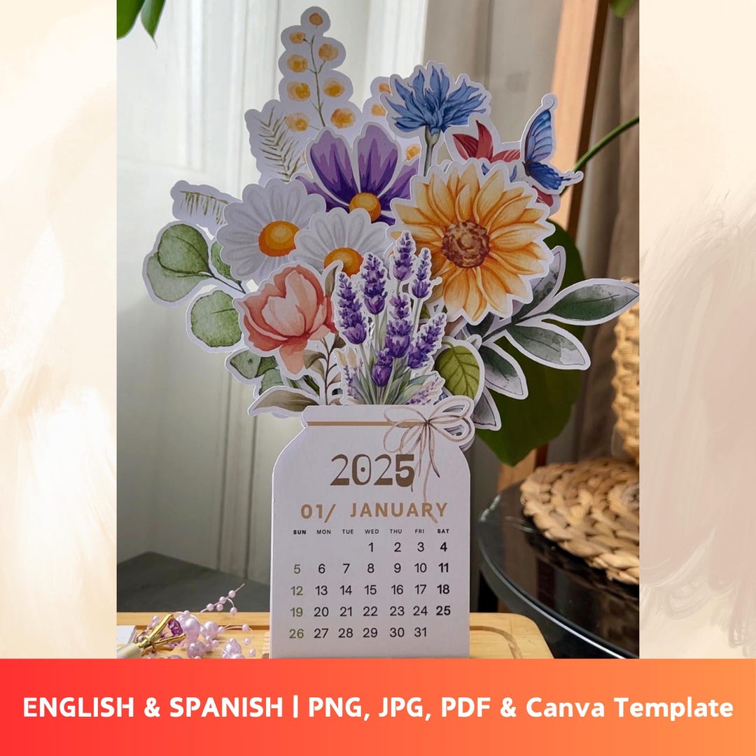Floral 2025 Desk Calendar – English Spanish Printable (PDF, Canva ...