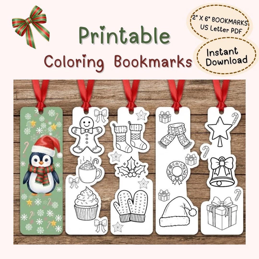 Christmas Coloring Bookmarks Printable 2x6, Cute Holiday Bookmark for ...
