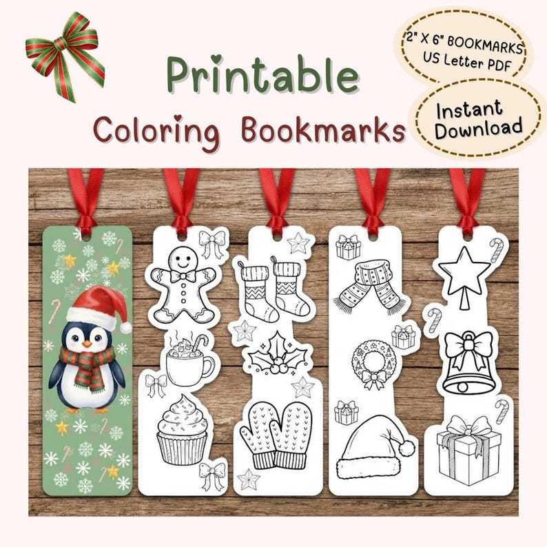 Christmas Coloring Bookmarks Printable 2x6, Cute Holiday Bookmark for ...