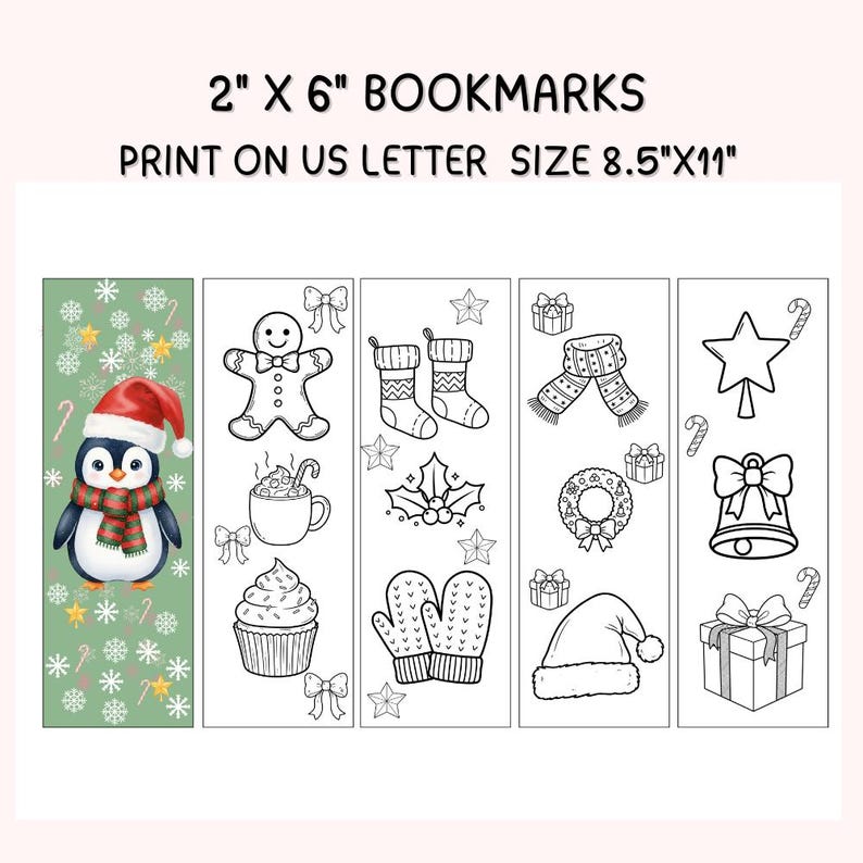Christmas Coloring Bookmarks Printable 2x6, Cute Holiday Bookmark for ...