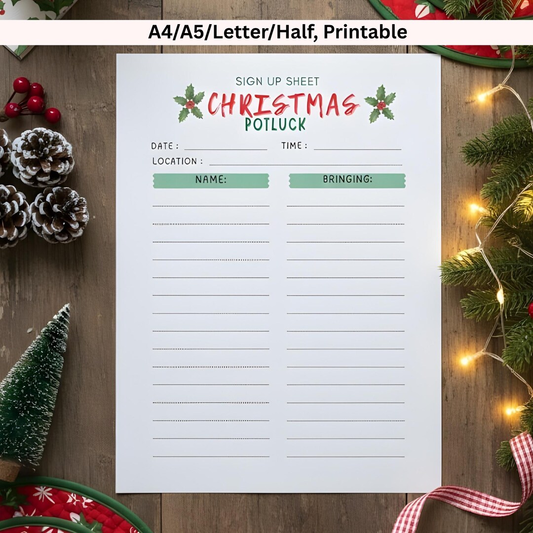 Christmas Potluck Sign up Sheet Printable – A4 A5 Letter Half Size ...