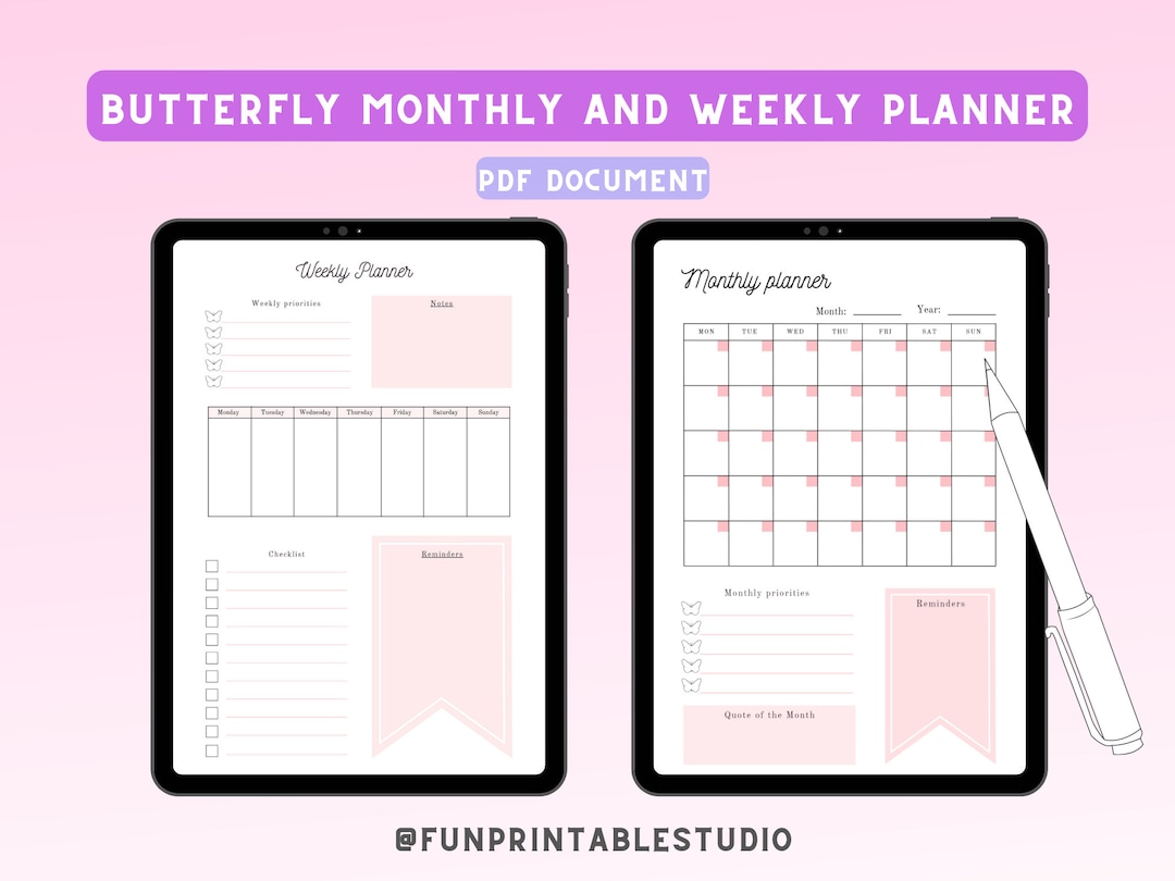 Pink Butterfly Monthly Weekly Planner, Digital Printable PDF, Starting ...
