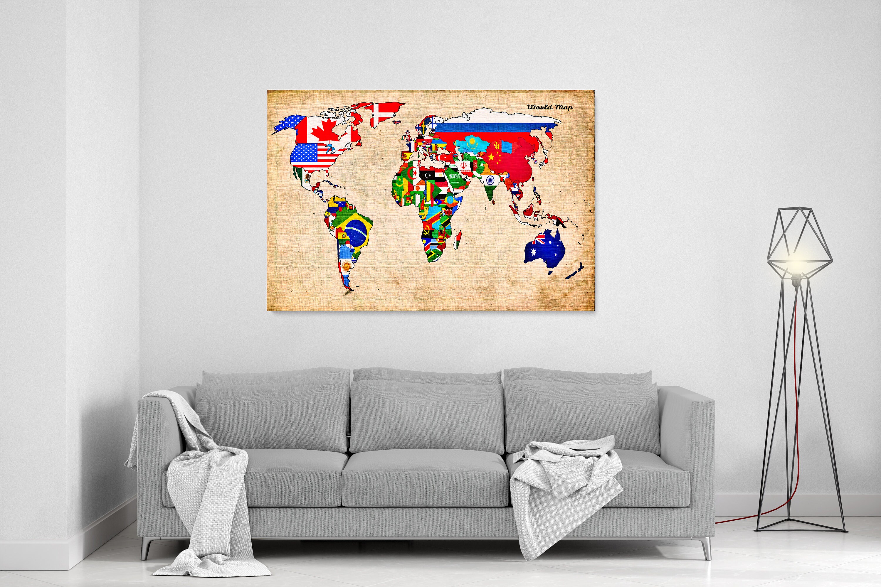World Map, World Map and Their Flags, Flag Canvas, Luxery Canvas Wall ...