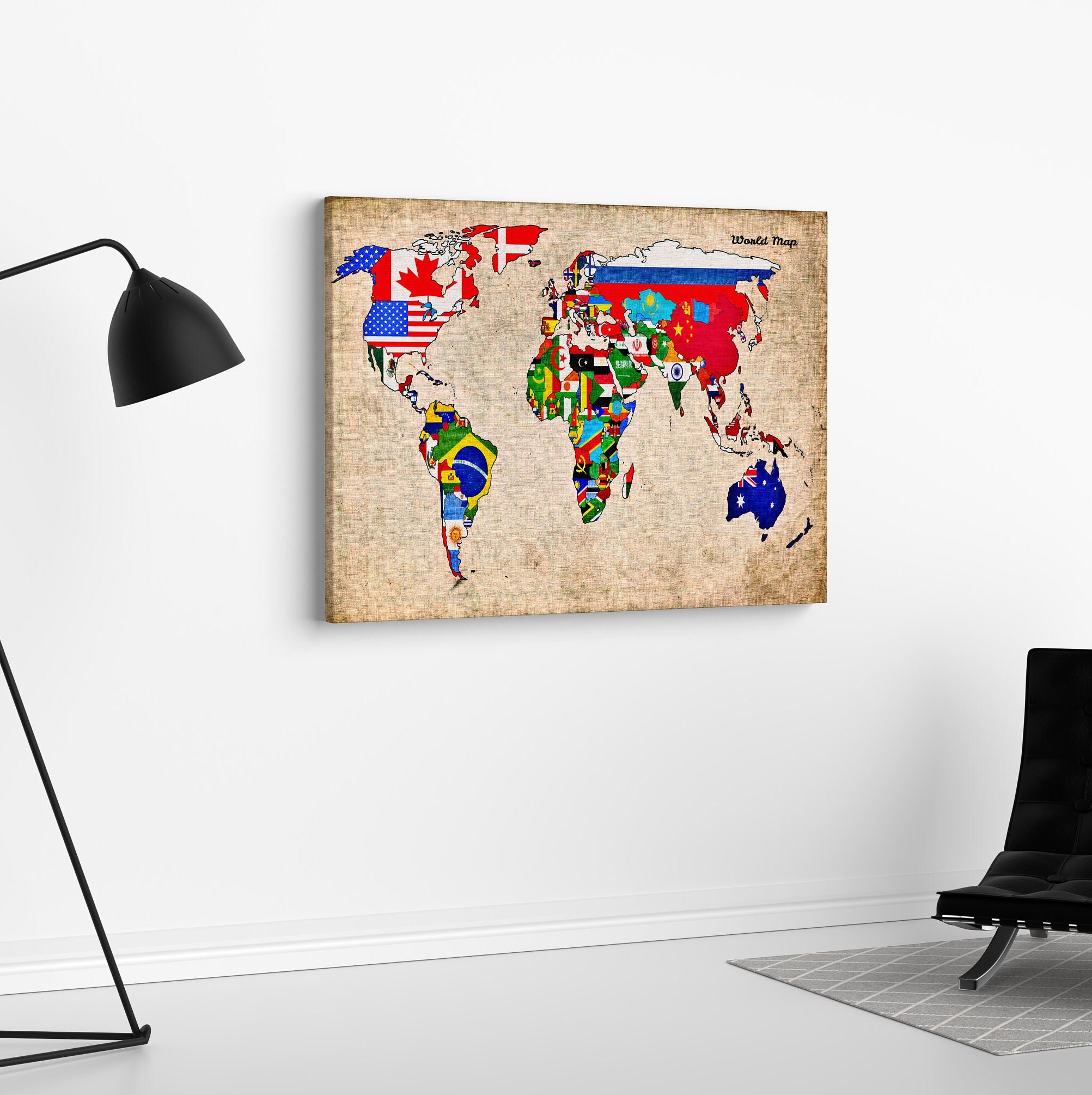 World Map, World Map and Their Flags, Flag Canvas, Luxery Canvas Wall ...