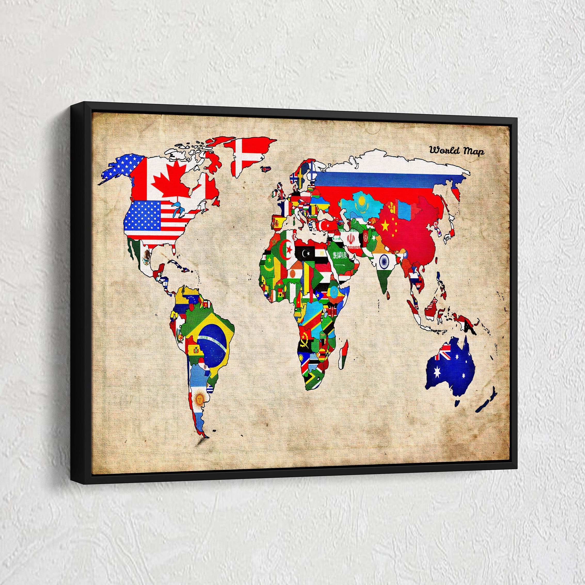World Map, World Map and Their Flags, Flag Canvas, Luxery Canvas Wall ...