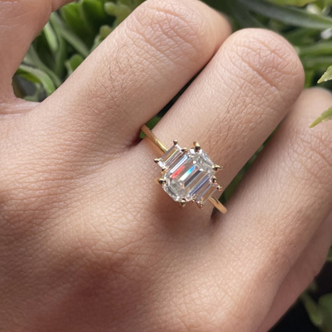 Three Stone Emerald Cut Silver Engagement Ring, Emerald Cut Engagement ...