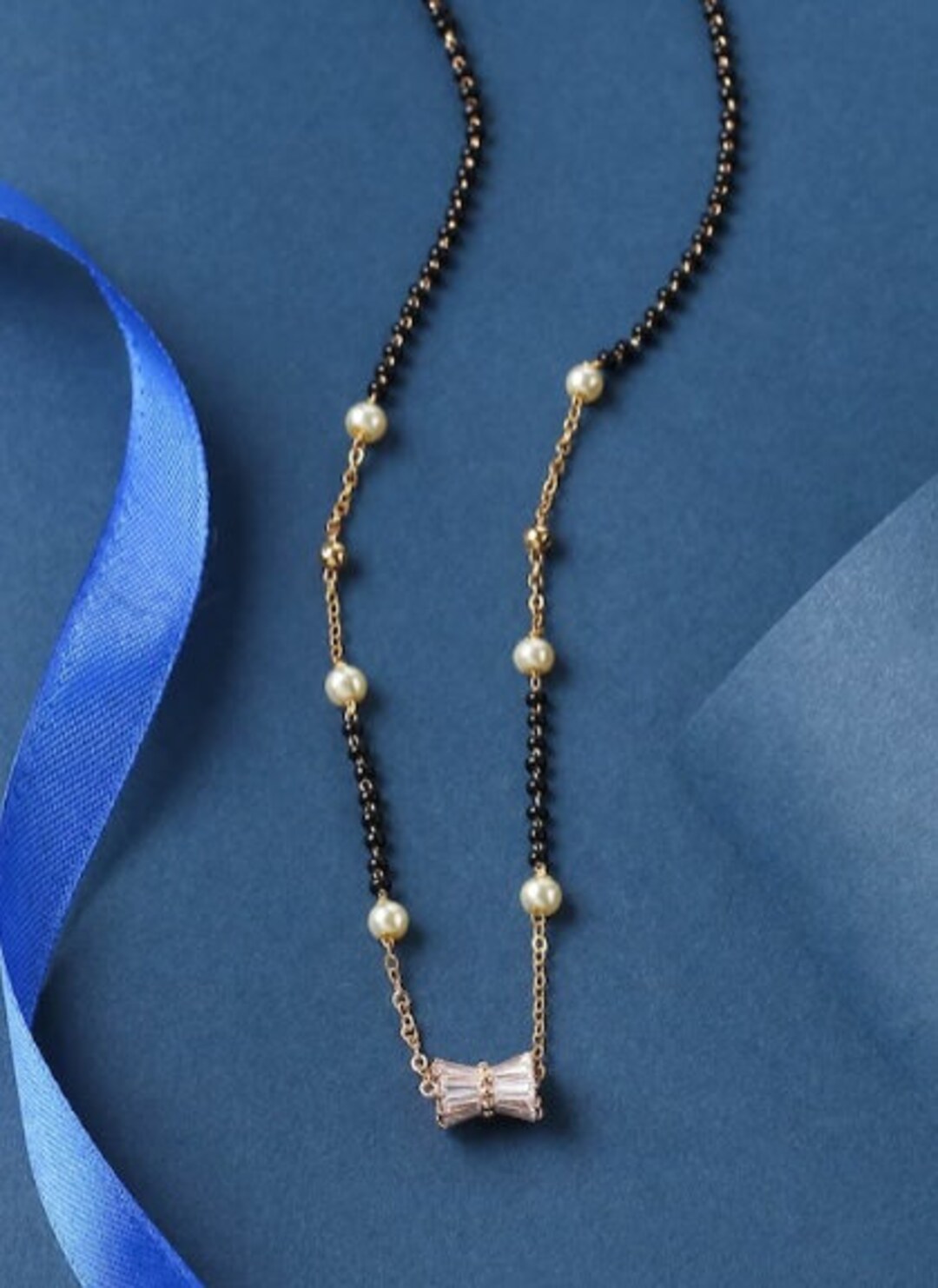 Gold-plated Black & White Beaded and Ad-studded Mangalsutra / Dokiya ...