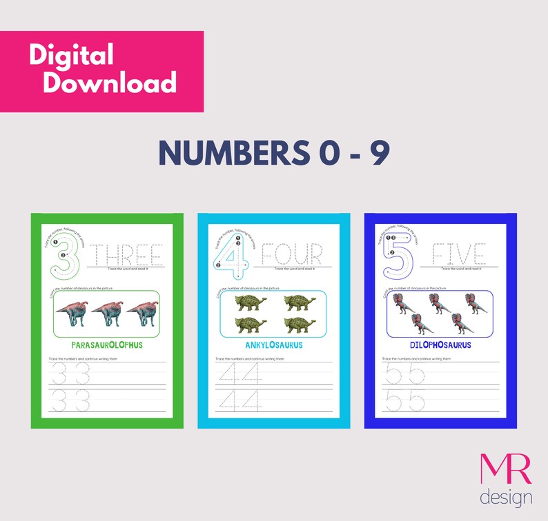 Dinosaur Numbers Tracing Printable Worksheets 0-9, Writing Practice ...