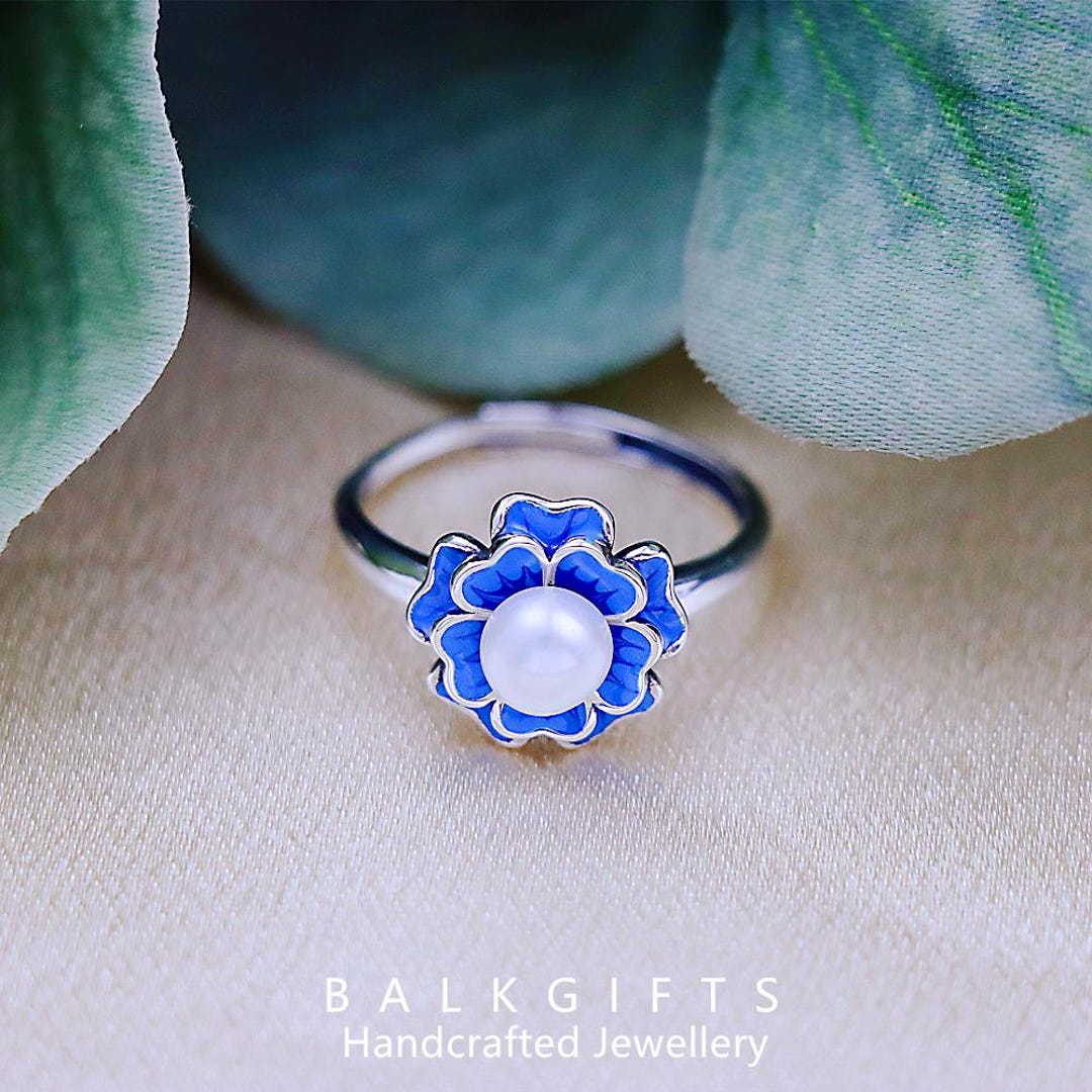Vintage Resin Blue Pearl Flower Open Ring Elegant Floral Jewelry S925 ...