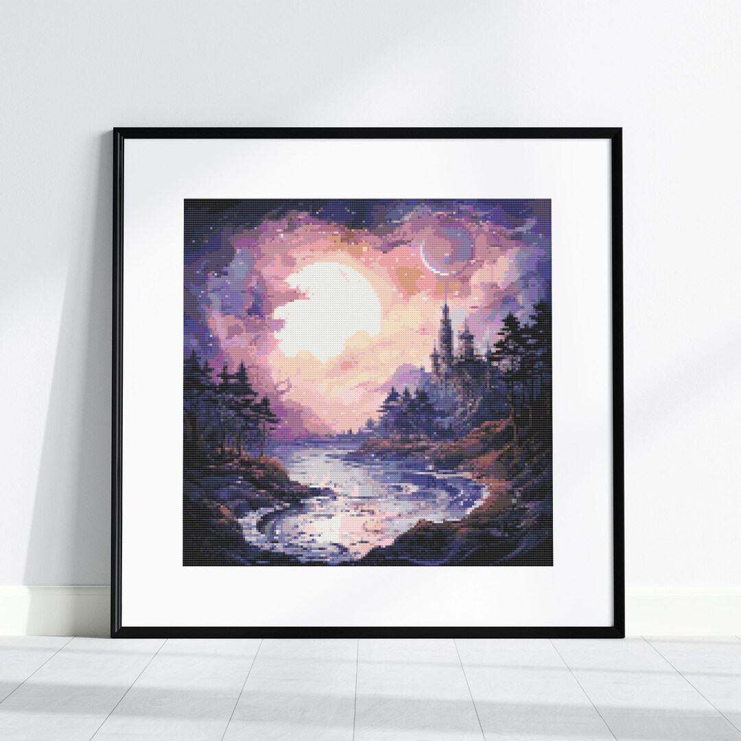 Enchanted Moon Fantasy Cross Stitch Pattern, Fantasy Forest Watercolor ...