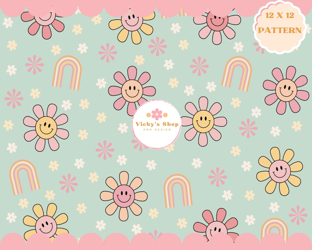Cute Smiling Flowers Seamless Pattern PNG, Retro Pattern, Trendy ...