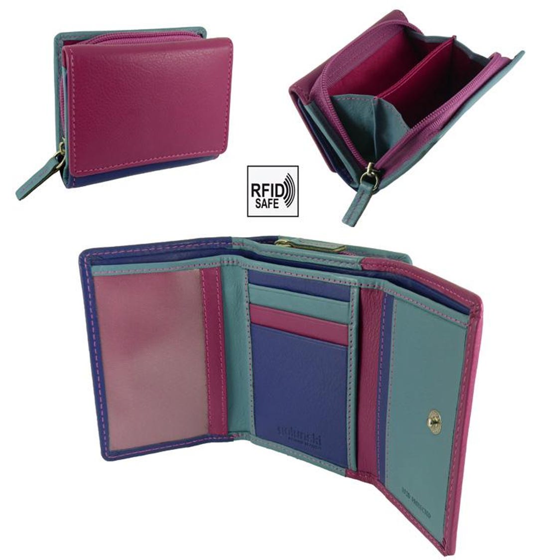 Small Compact Trifold Purse Multicoloured - Real Leather - RFID ...