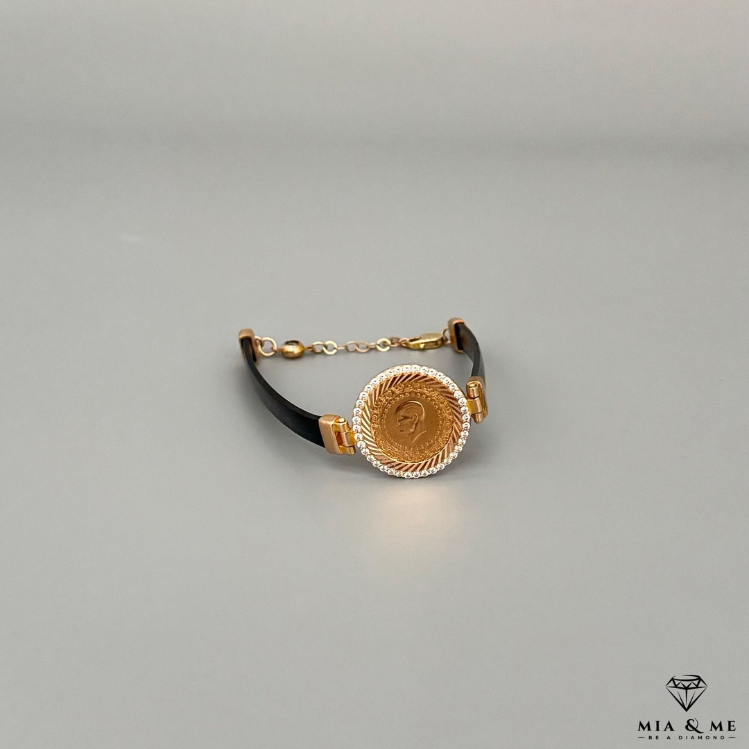 916/-22 Carat GOLD Coin Ceyrek Altin With Leather Bracelet in 585 Gold ...