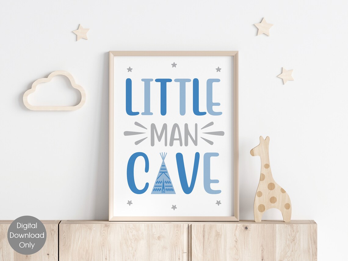 Little Man Cave Print Nursery Wall Art Quote Kids Bedroom Decor Baby ...