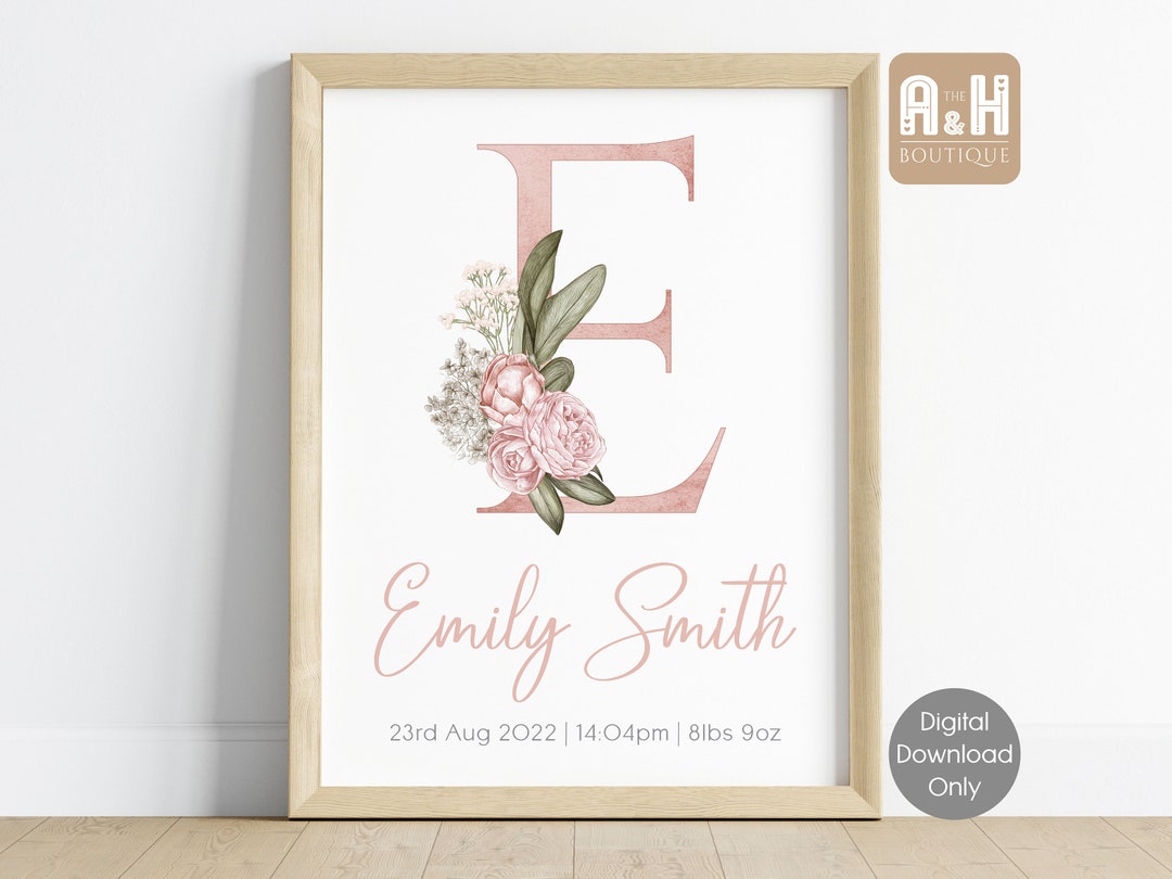 Personalised Pink Floral Nursery Wall Art Print Decor Custom Initial ...