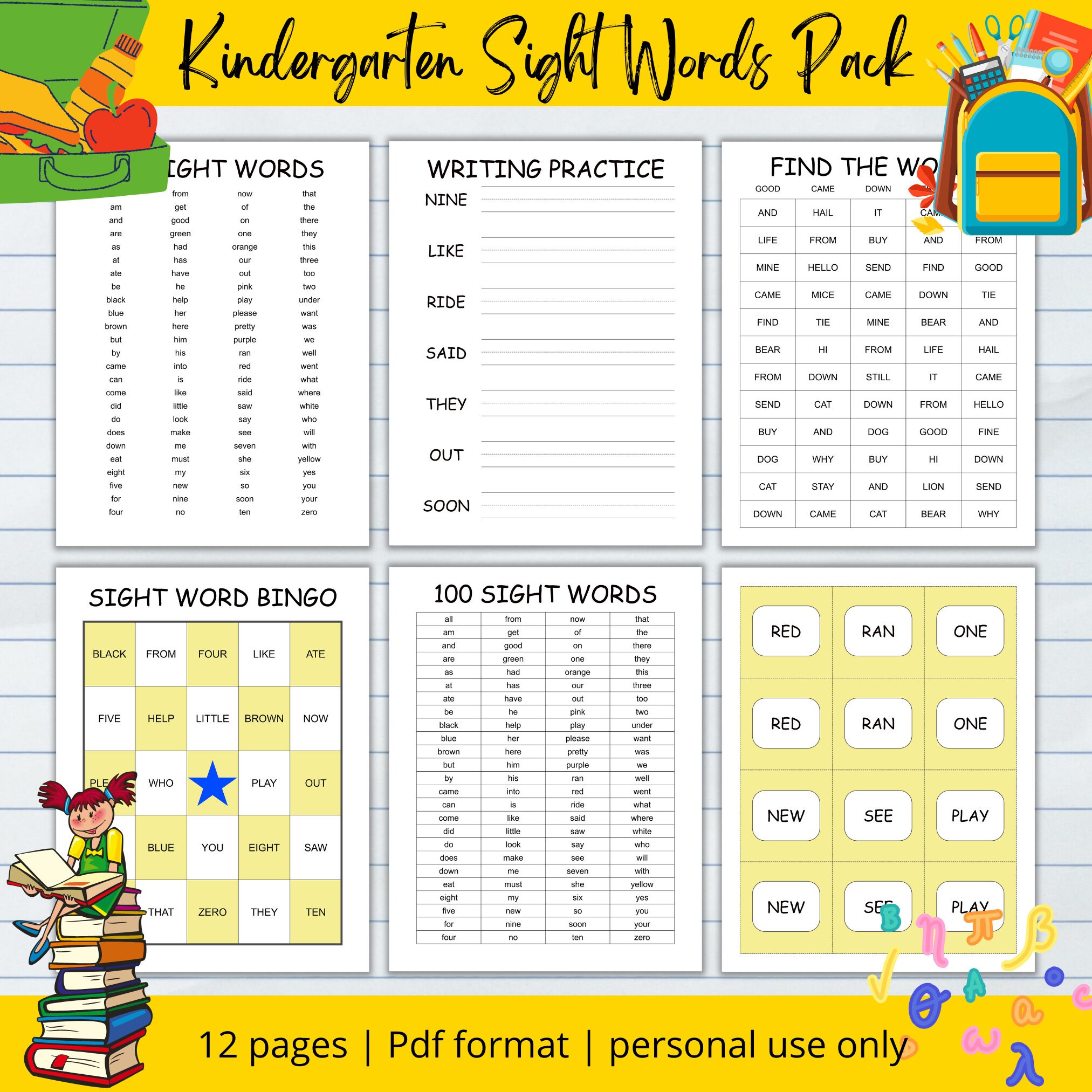 Kindergarten Sight Words Pack - Etsy