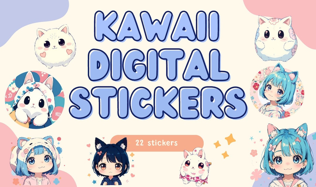 22 Stickers, Cute, Kawaii, Animals, Anime, Girl, Digital, Sticker Pack ...