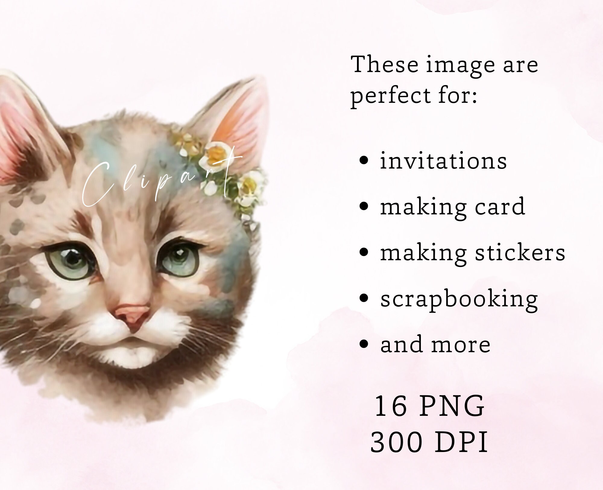 Watercolour Fantasy Kitten Clipart Floral Cat Clipart - Etsy