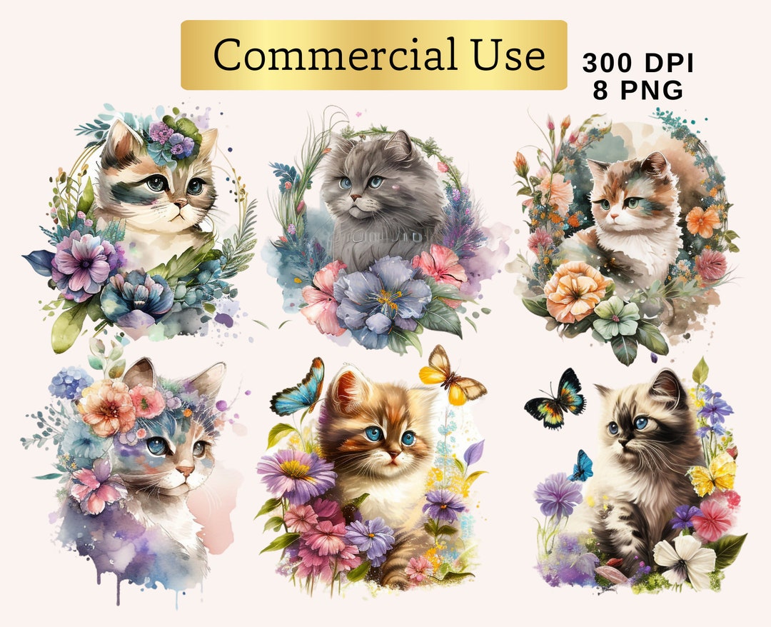 Watercolour Fantasy Kitten Clipart, Floral Cat Clipart, Fantasy Cat ...