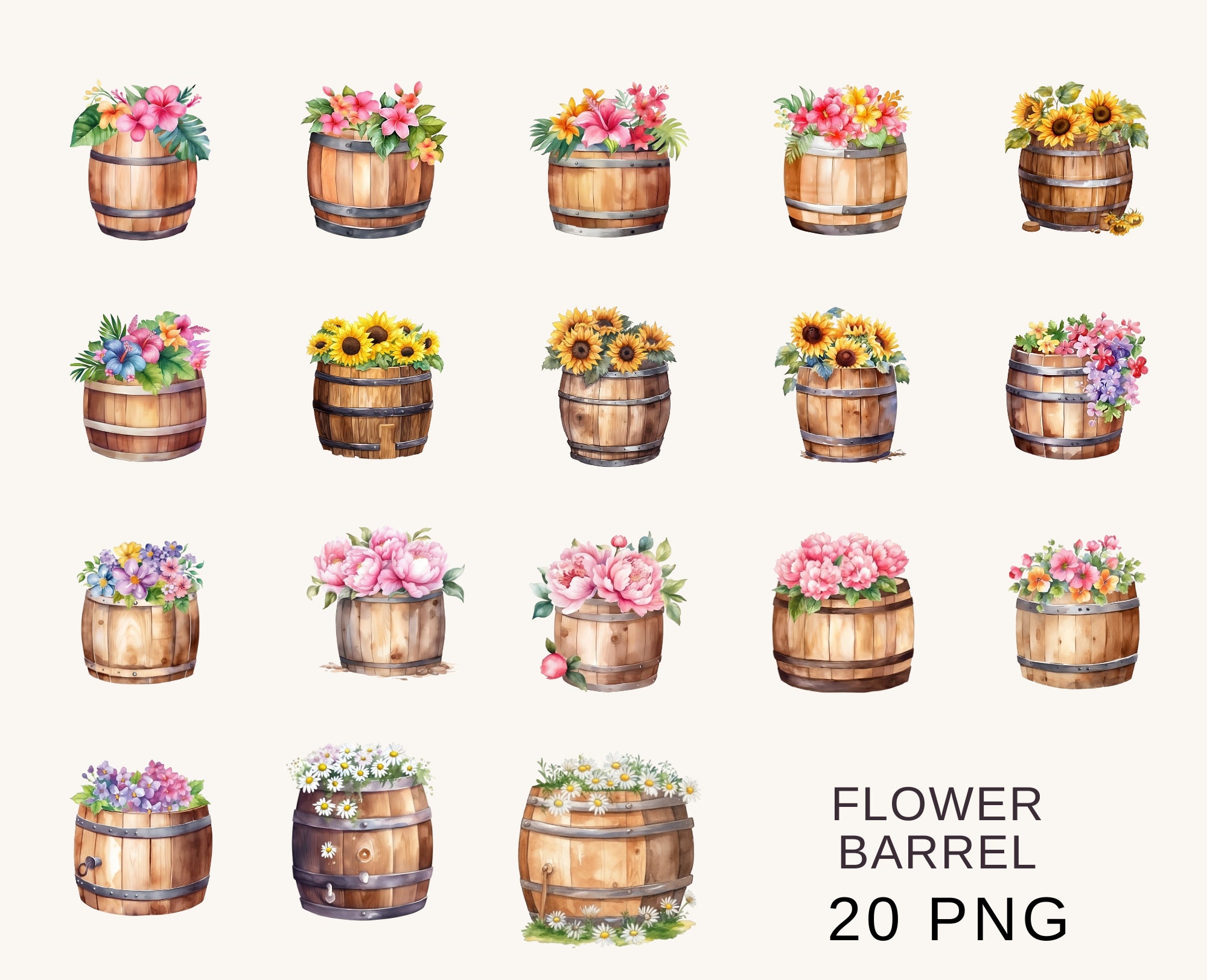 Watercolor Flower Barrel Flower Barrel Clipart PNG Wooden - Etsy