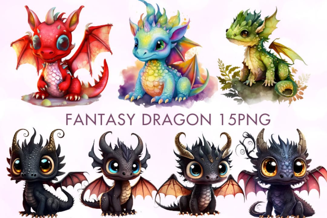 15 PNG Watercolour Colourful Fantasy Dragon Clipart, Magic Baby Dragons ...