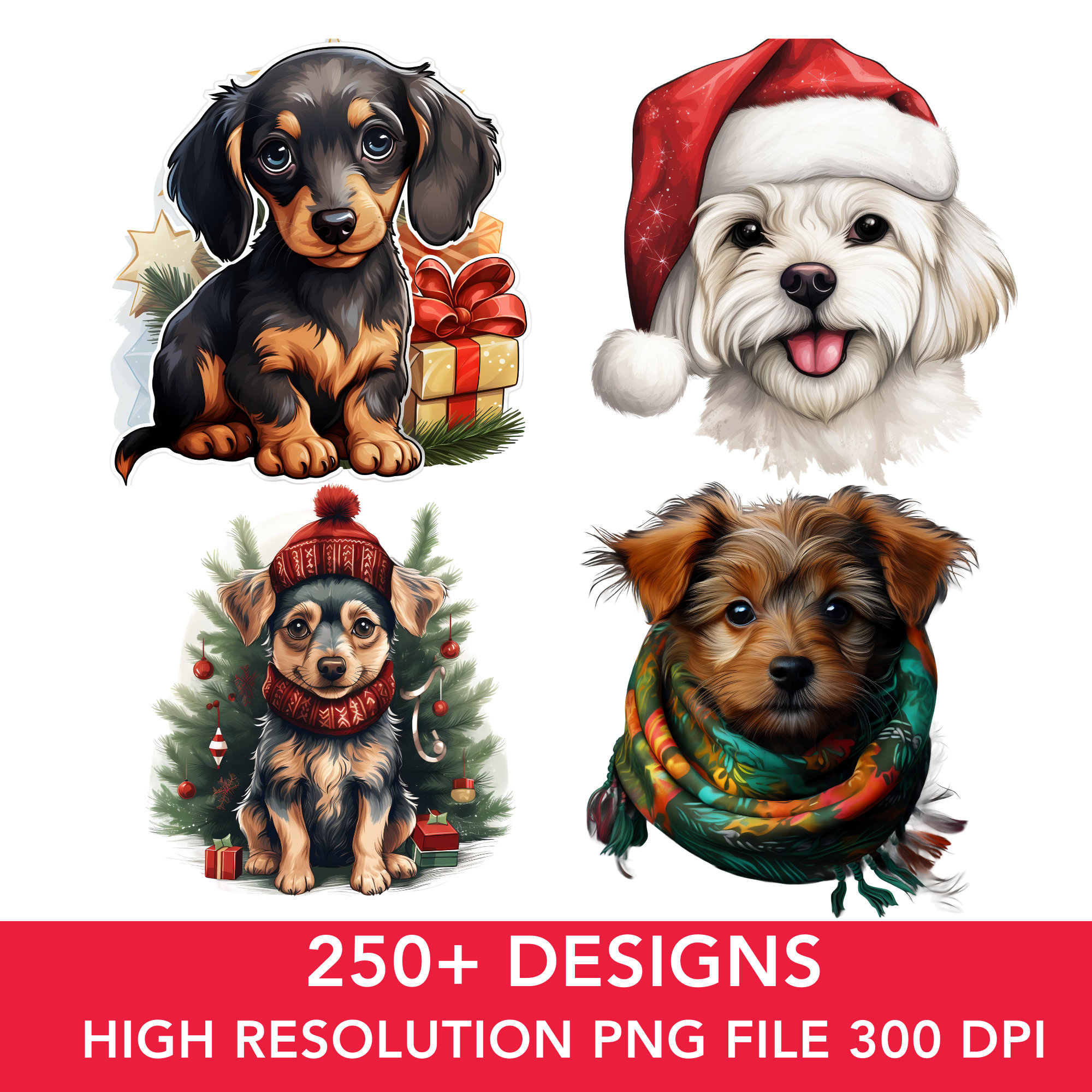 250 Santa Dogs PNG Clipart Bundle, Christmas Dog Portraits, Digital ...