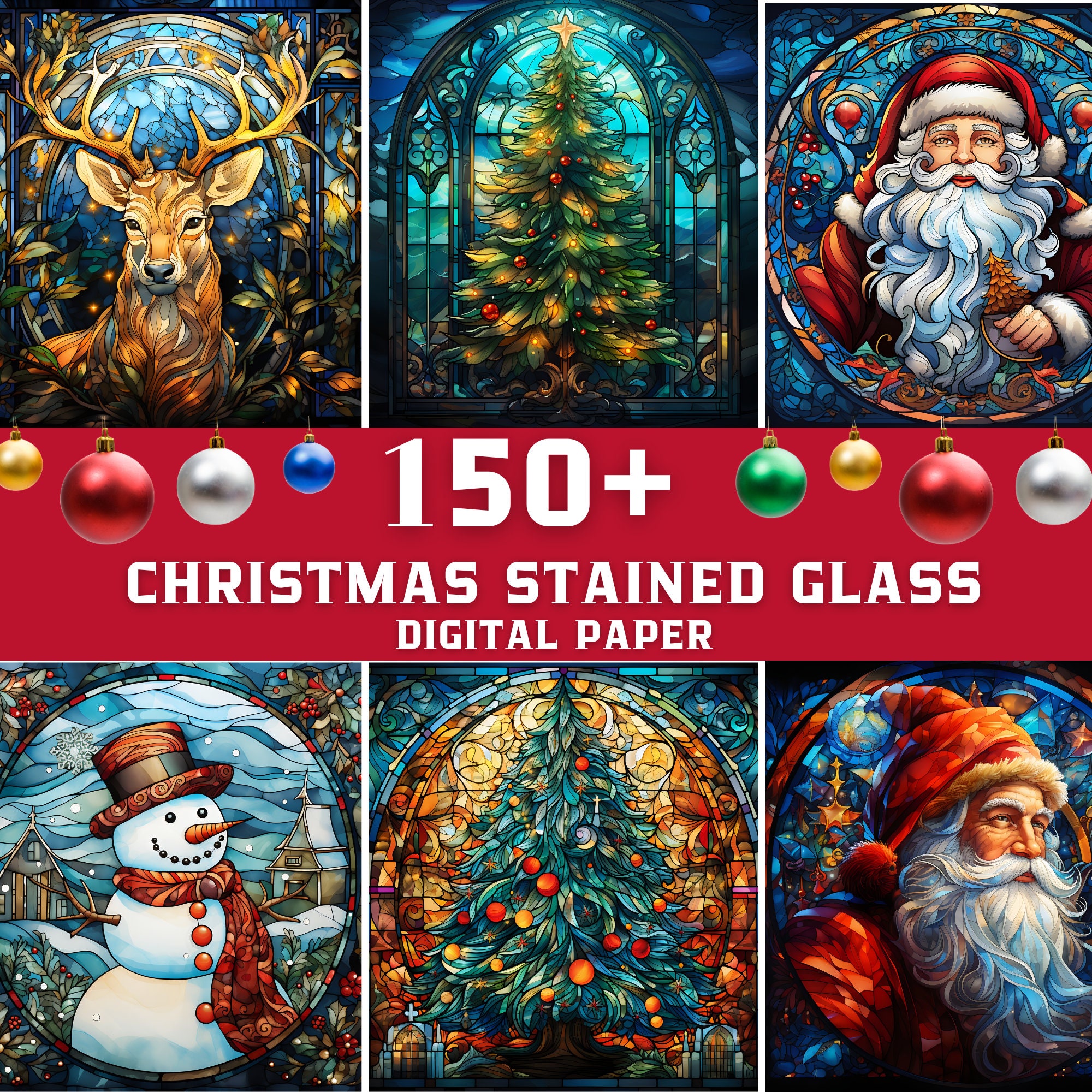 150 Stained Glass Christmas Bundle PNG, Christmas Background, Digital ...