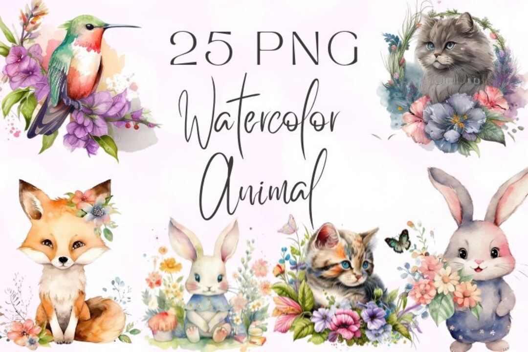 Watercolor Spring Animals Clipart, Rabbit With Flowers, Watercolor Fox ...