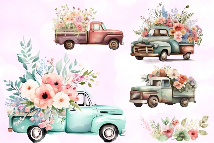 Watercolor Vintage Floral Car With Spring Flowers, Floral Truck ...