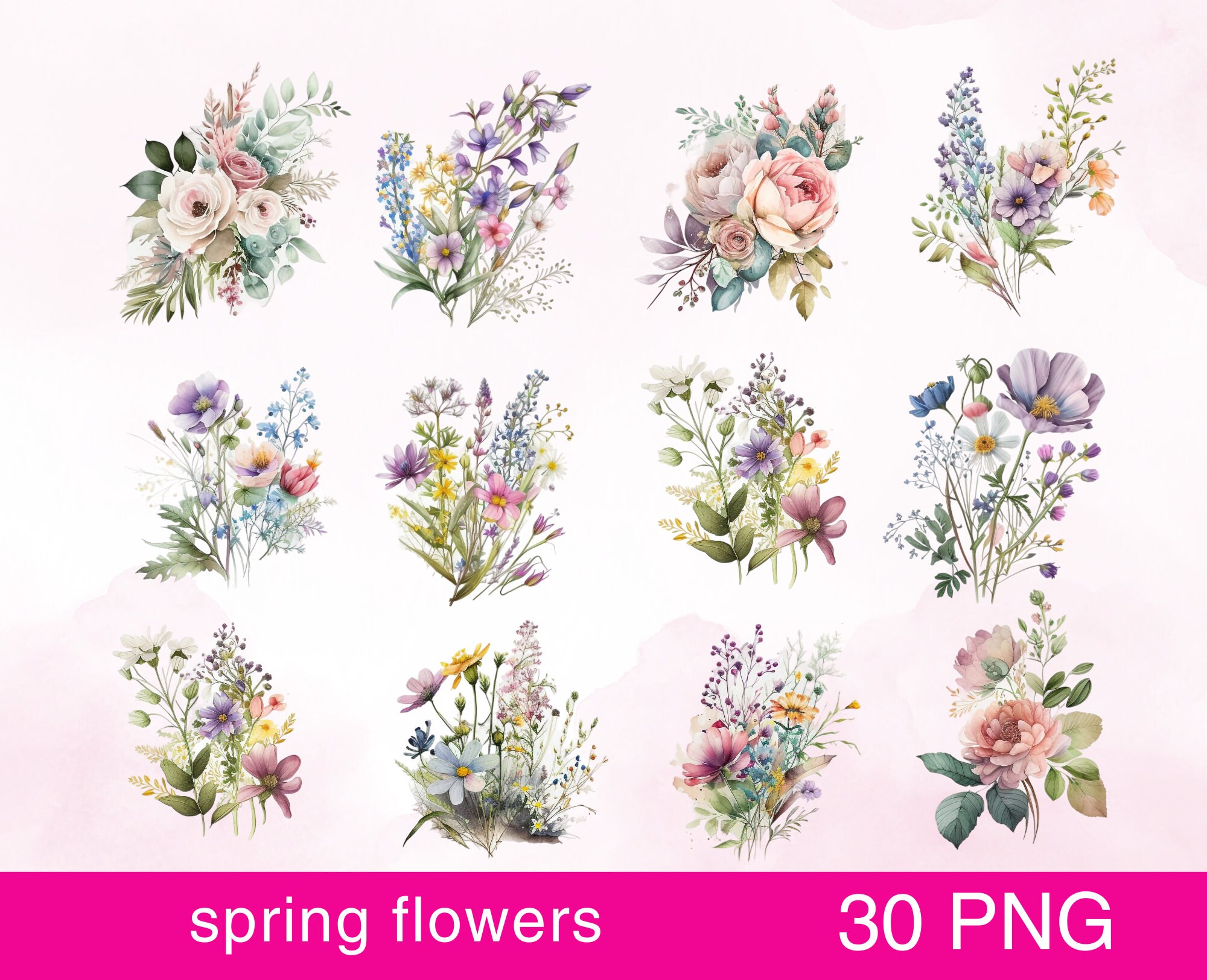 30 Png Watercolor Spring Flower Clipart Bundle Flower Clip - Etsy