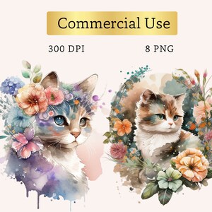 Watercolour Fantasy Kitten Clipart, Floral Cat Clipart, Fantasy Cat ...