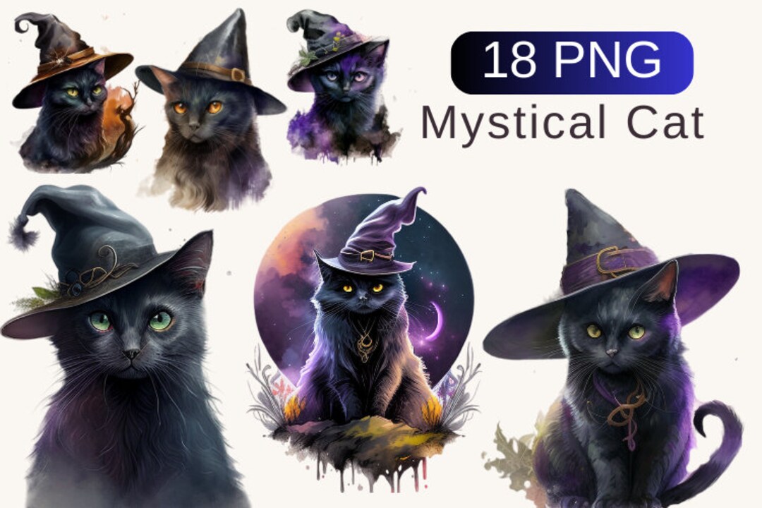 Watercolor Witches Cat, Witches Cat Clipart, Celestial Black Cat ...