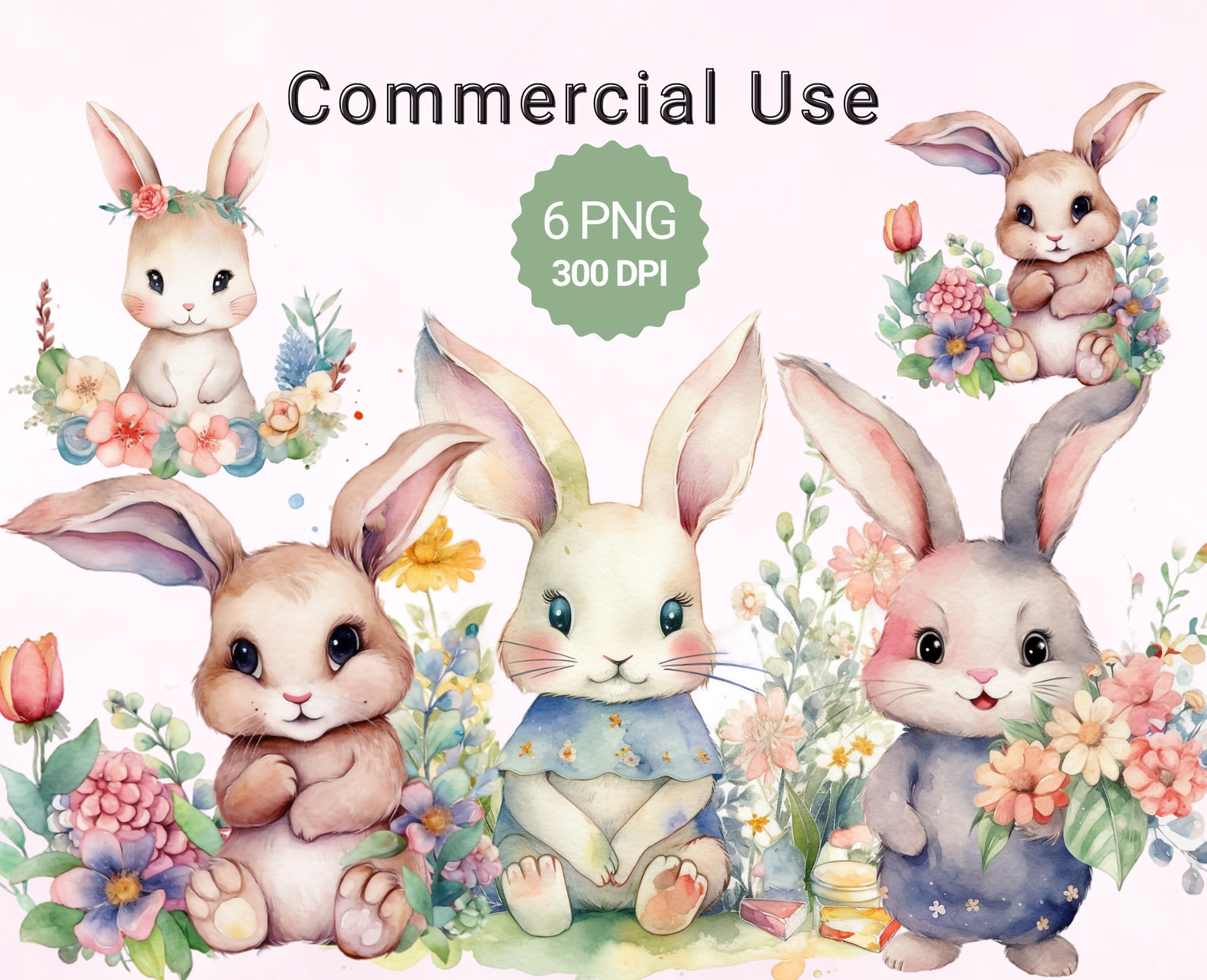 Rabbit Watercolor Clipart PNG, Bunnies With Flower Clipart, Commercial ...
