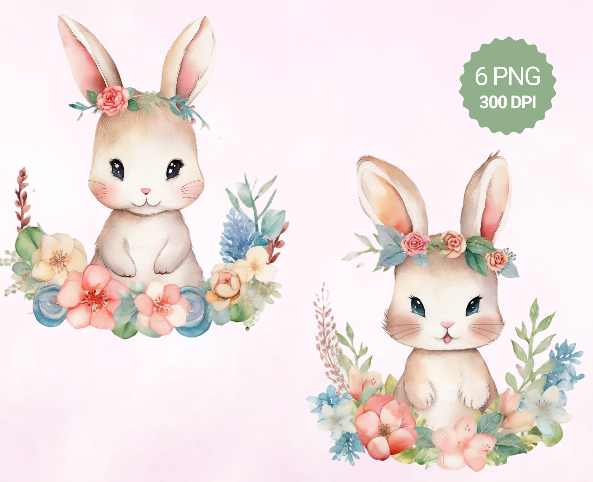 Rabbit Watercolor Clipart PNG, Bunnies With Flower Clipart, Commercial ...
