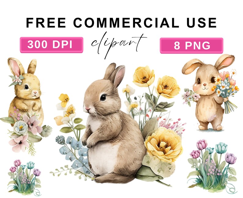 Watercolour Baby Bunny Clipart Bundle, Cute Brown, Easter Themed ...