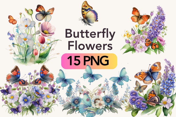 Watercolor Butterflies and Flowers Clipart Blue Butterflies - Etsy