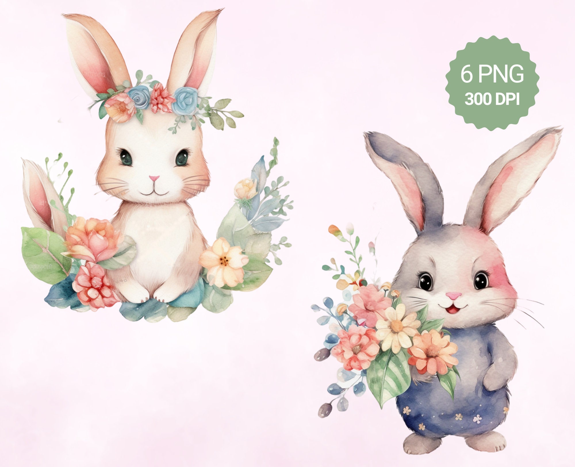 Rabbit Watercolor Clipart PNG Bunnies With Flower Clipart - Etsy