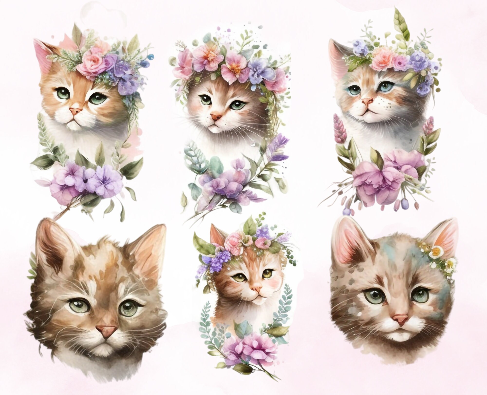 Watercolour Fantasy Kitten Clipart Floral Cat Clipart - Etsy