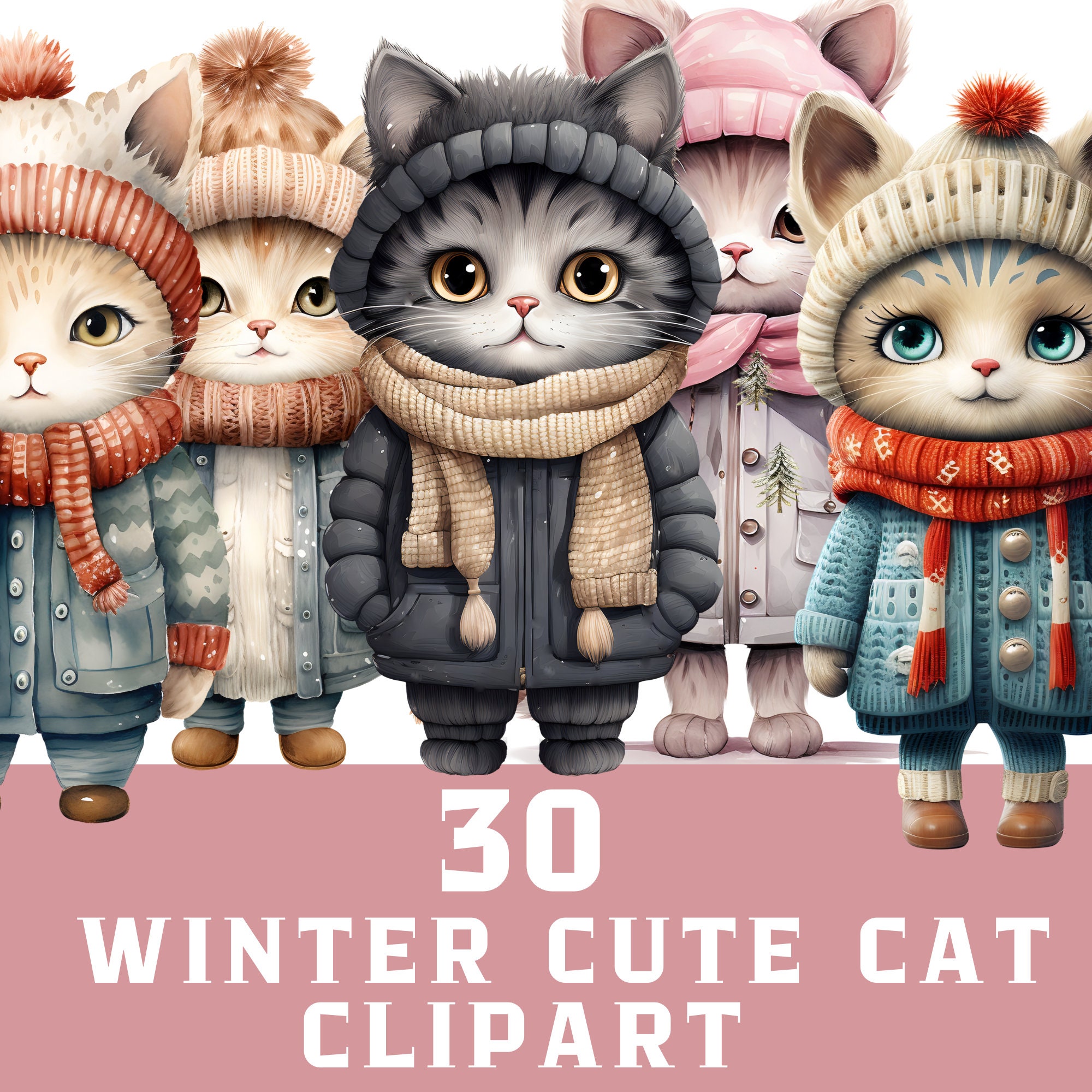 30 Png Watercolor Winter Cute Cat Clipart, Winter Graphics, Cute Cat ...