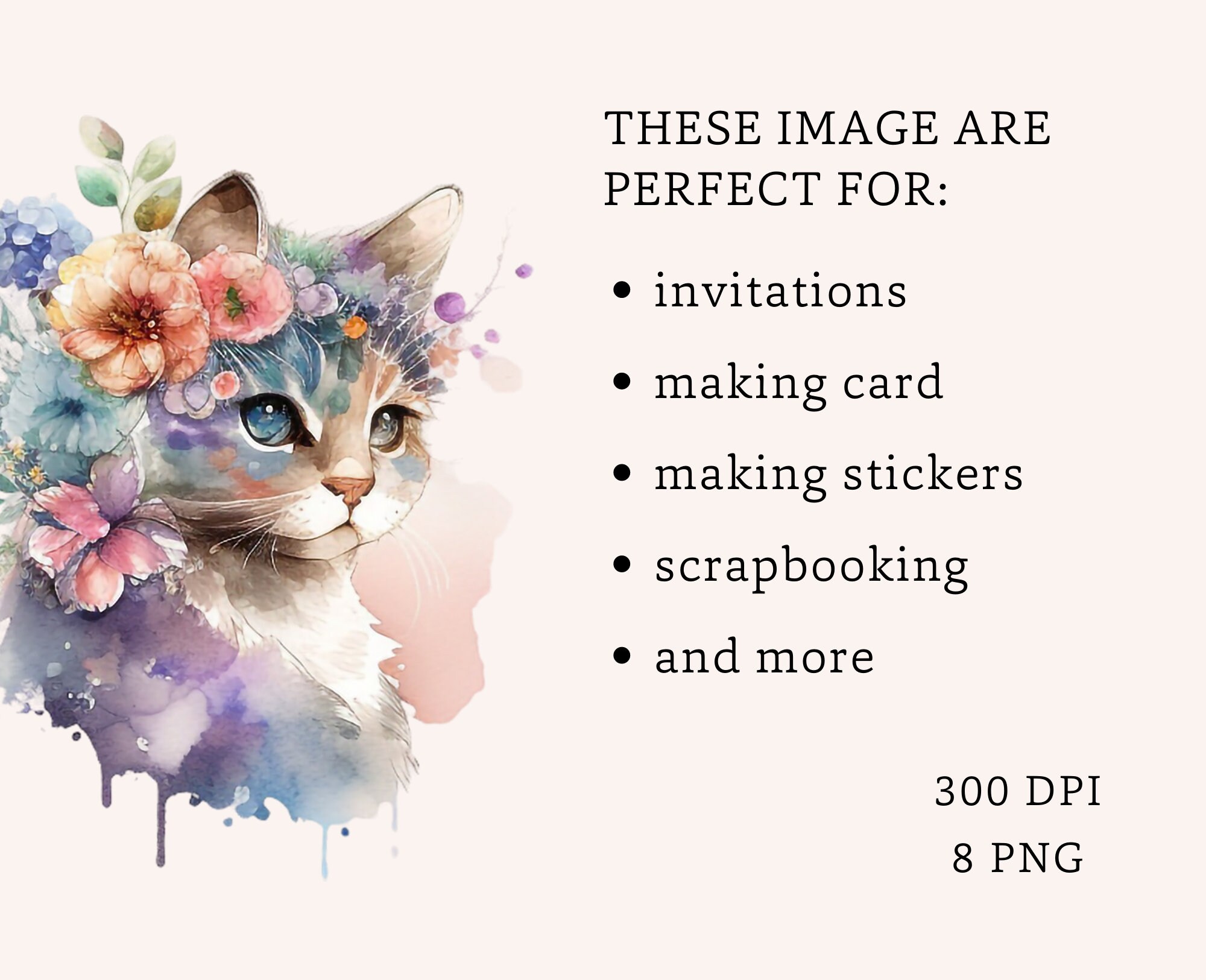 Watercolour Fantasy Kitten Clipart Floral Cat Clipart - Etsy