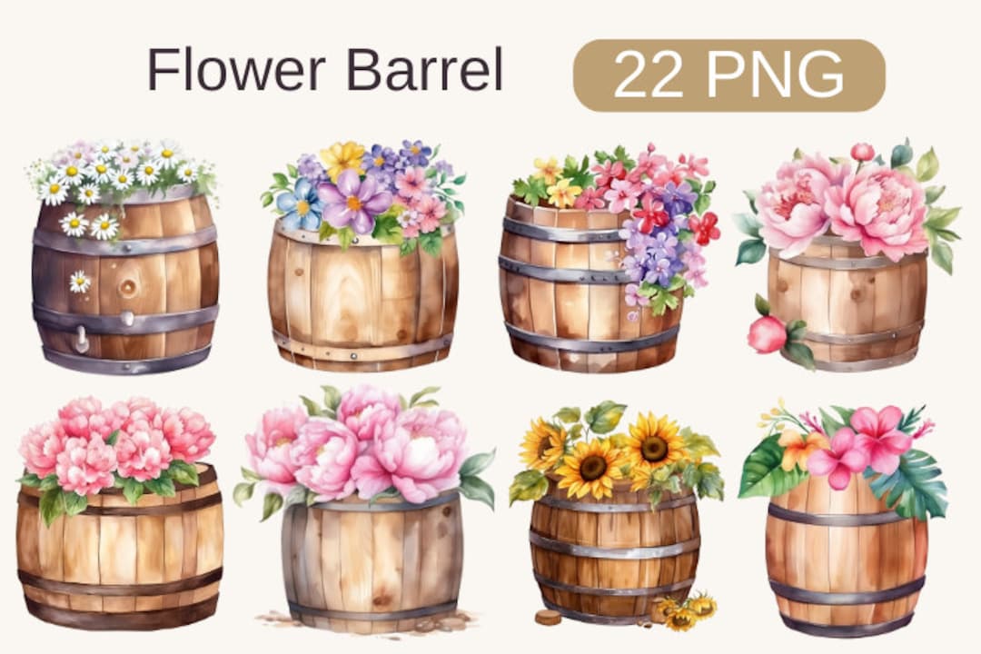 Watercolor Flower Barrel, Flower Barrel Clipart PNG, Wooden Barrel ...