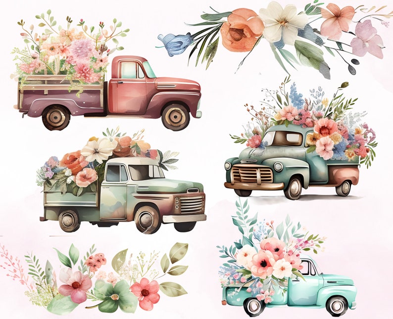 Watercolor Vintage Floral Car With Spring Flowers, Floral Truck ...