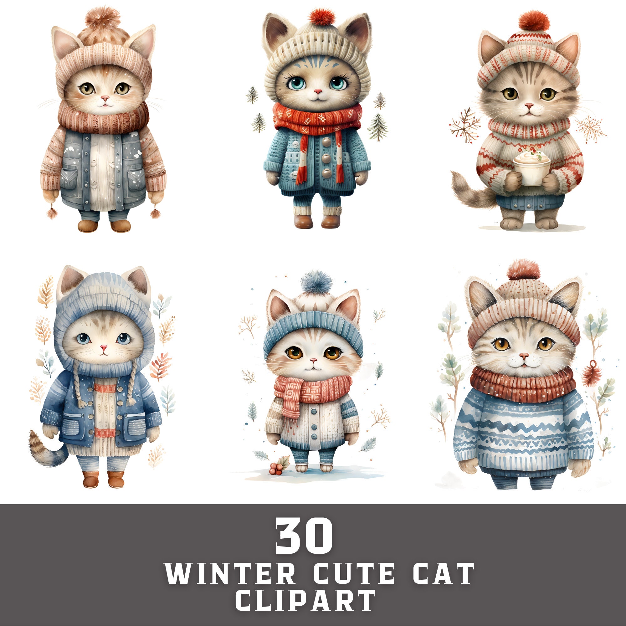 30 Png Watercolor Winter Cute Cat Clipart, Winter Graphics, Cute Cat ...