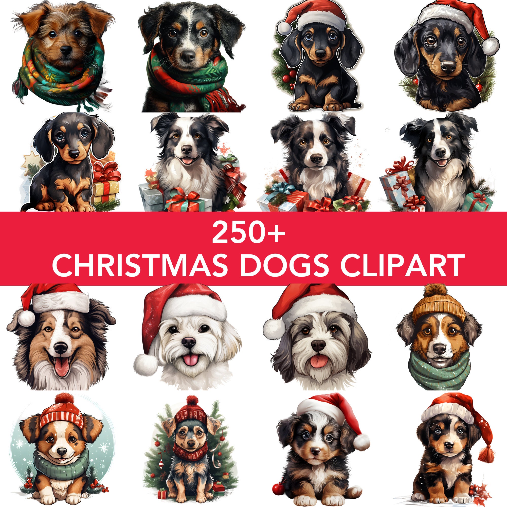 250 Santa Dogs PNG Clipart Bundle, Christmas Dog Portraits, Digital ...
