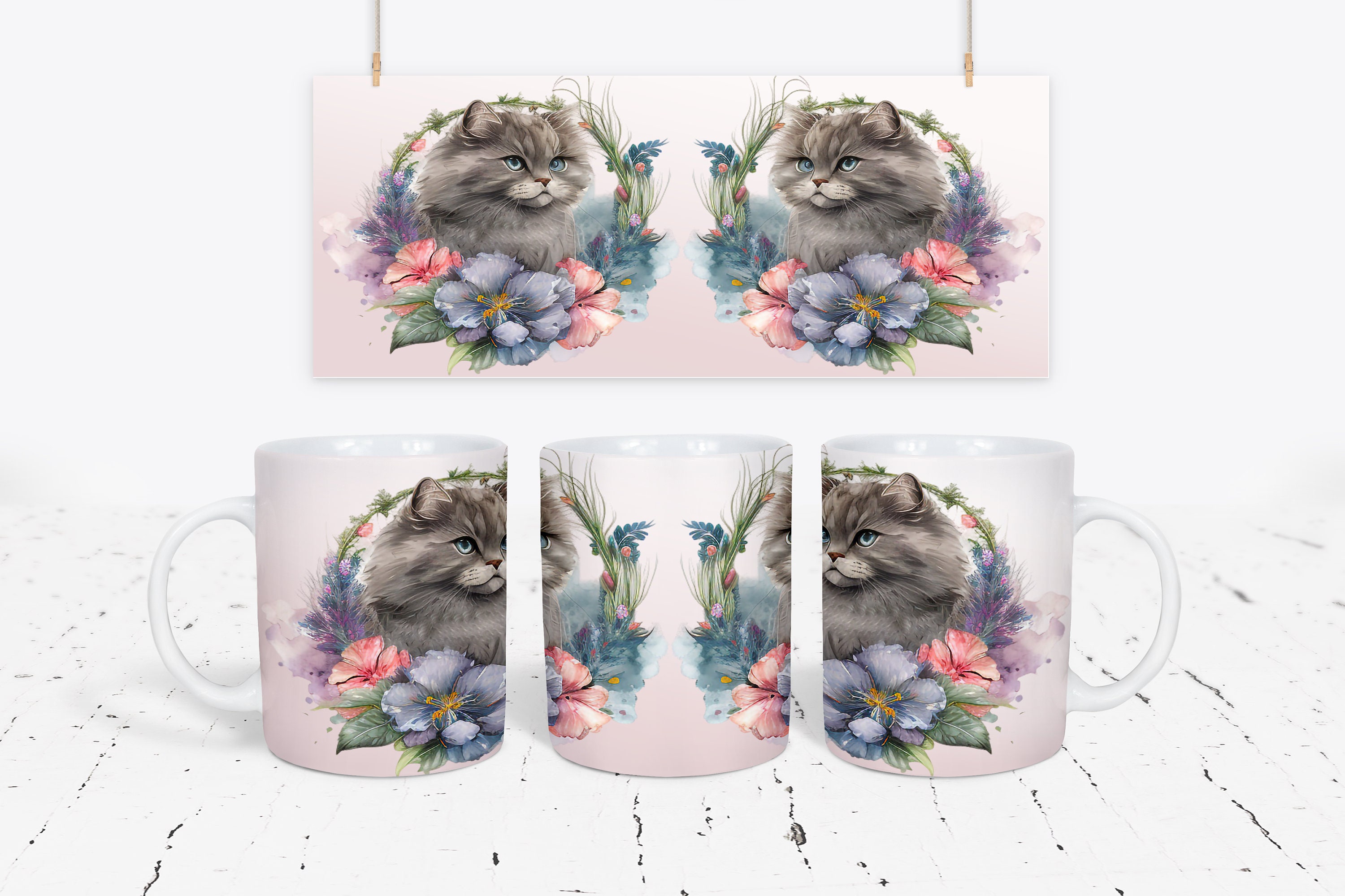 Flover Cat Mug Design, Cat Mug PNG, Cute Cat Peeking Mug Wraps, 11 & 15 ...