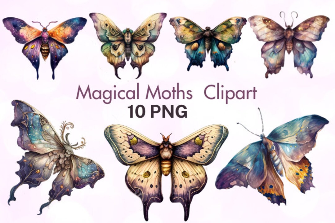 Magical Moths Watercolor Clipart, Moths Fantasy Style, Magical Clipart ...
